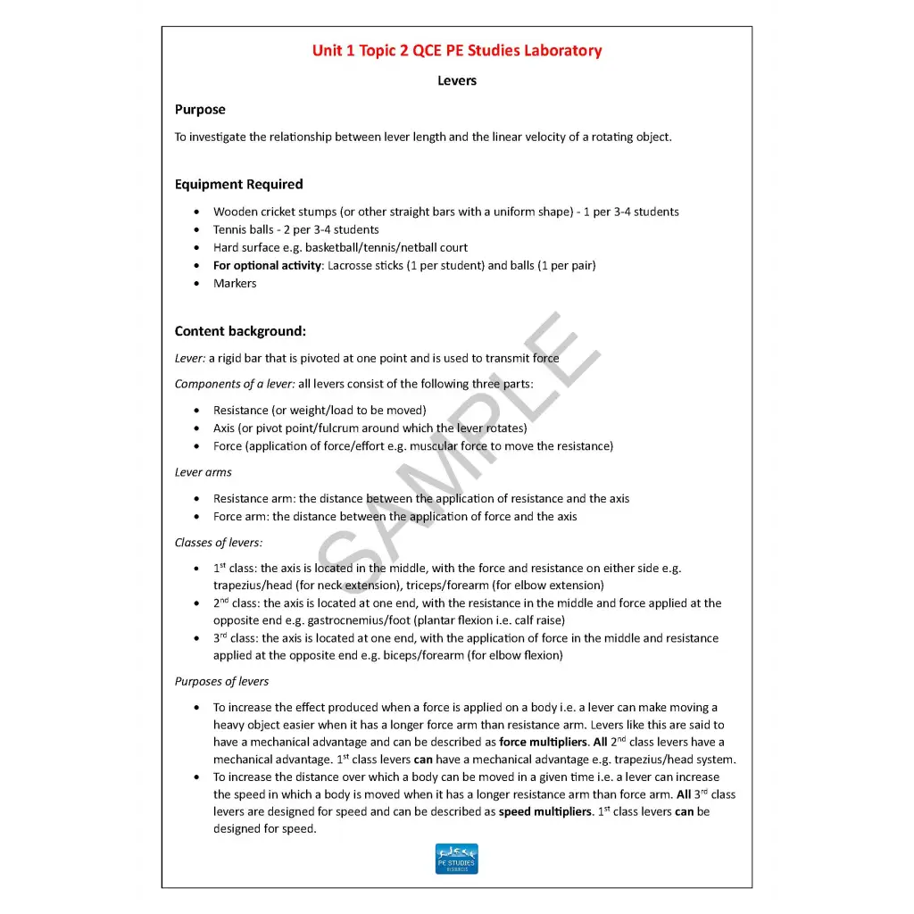 QCE Unit 1&2 ATAR PE Studies Lab Package – PE Studies Resources