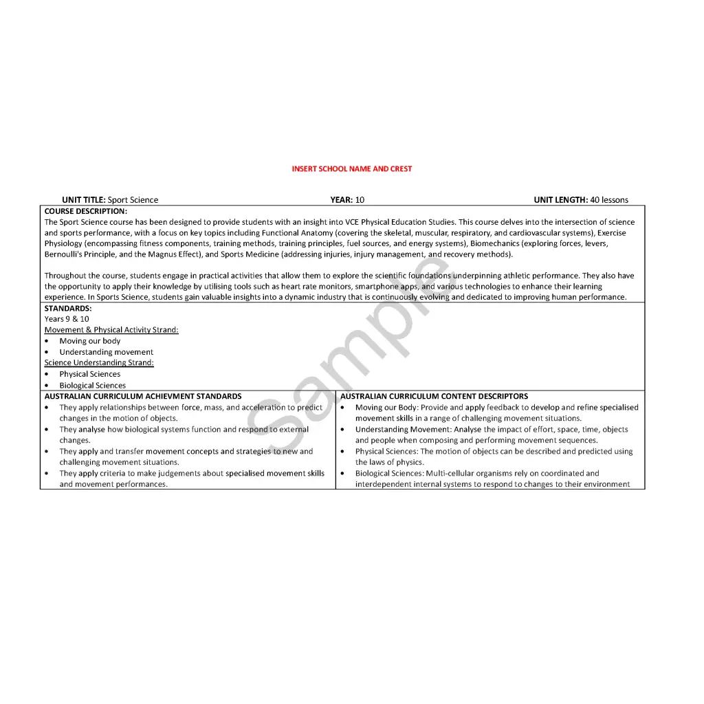 Year 10 Sport Science (VCE) – PE Studies Resources